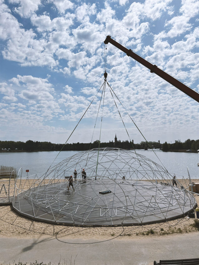 Geodesic event tent right on the lake shore!